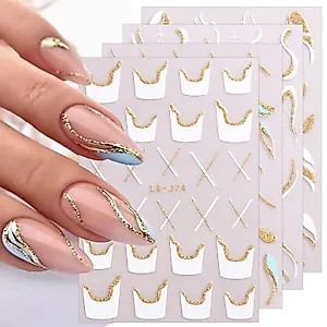 JMEOWIO 9 Sheets French Tip Nail Art Stickers Decals Self-Adhesive Pegatinas Uñas Colorful Wave Line Nail Supplies Nail Art Design Decoration Accessories