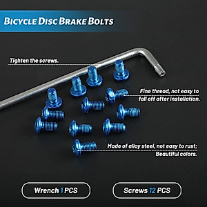 LEONTOOL 12 Pcs Bicycle Disc Brake Bolts M5x10mm MTB Rotor Bolts Blue Bicycle Rotor Screws Disc Rotor Bolts with 1 Pcs T25 Torx Wrench L for Road Bike Mountain Bike