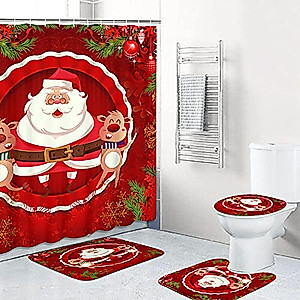 ArtSocket 4 Pcs Shower Curtain Set Red Santa Reindeer Merry Christmas Winter Xmas with Non-Slip Rugs Toilet Lid Cover and Bath Mat Bathroom Decor Set 72" x 72"