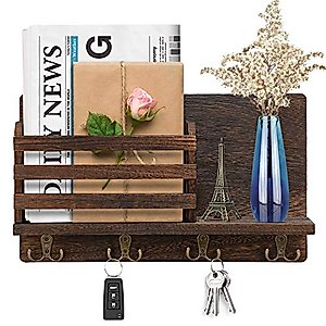 Wooden Wall Mounted Mail and Key Holder, Mail Letter Sorter Organizer Key Holder Hooks Rack Hanging with 4 Double Key Hooks, Cap Rack Floating Shelf Rustic Home Decor for Entryway, Kitchen, Mudroom