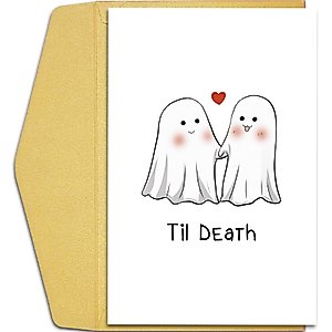 Qiliji Cute Ghost Wedding Card, Halloween Anniversary Card for Couple, Bridal Shower Card for Bride, Engagement Card for Friend, Valentine's Day Card for Husband Wife, Til Death Greeting Card