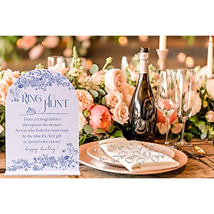 Blue Flower Bridal Shower Party Ring Scavenger Hunt, The Ring Hunt Game, 1 Sign & 30 Rings, Bridal Shower Decoration, Wedding Party Games(xzjz03)