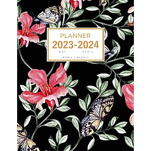 Planner 2023-2024: 8.5 x 11 Weekly and Monthly Organizer from May 2023 to April 2024 | Realistic Butterfly Flower Design Black