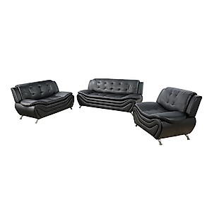 EZLUX Modern 3-Piece Faux Leather Sofa Set Living Room Furniture, with Sturdy Leg Support, Including Three-Seater Couch, Loveseat and Single Chair, Black