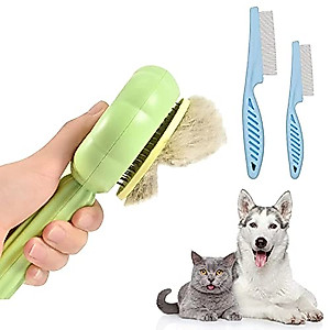 AESALUTOY Cat Brush for Shedding Indoor Cats - Cat Hair Brush for Deshedding Long Haired Cats, Self Cleaning Cat Grooming Brush, Slicker Brush for Cats, Kitten and Short Haired Dogs, Cat Fur Comb Brush with Two Cat Hair Combs(Green)