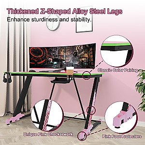 FUSLITE 55 Inch Gaming Desk, Carbon Fiber Surface Z-Shaped PC Computer Table, with Headphone Holder, Cup Holder, Cable Management Box, for Gamer, Pink & Green