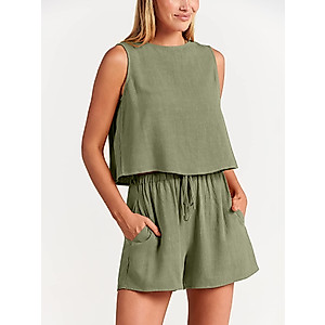 ANRABESS Women’s Summer 2 Piece Linen Shorts Sets Sleeveless Crop Top Romper Lounge Set 2024 Trendy Beach Outfits Olive Small