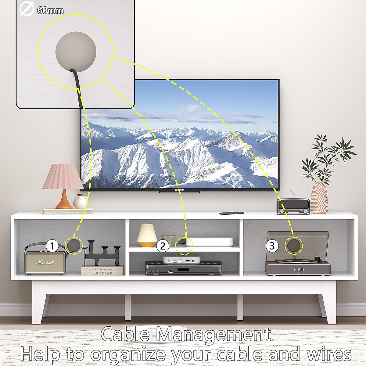 TV Stand for 55/60/65 Inch TV, Farmhouse Entertainment Center with Shelves, Cabinets and Sliding Doors, Rustic TV Media Console Table with Solid Wood Feet & Cord Holes for Living Room, Bedroom, White