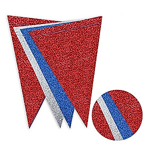YSSAI 40 Ft Red Blue Silver Triangle Flag Bunting Banners Double Sided Glittery Hanging Paper Patriotic Pennant Banner 4th of July Decorations Patriotic Party Decorations Supplies, SA0030