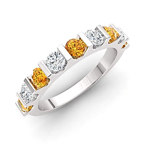 Diamondere Natural and Certified Citrine and Diamond Wedding Ring in 14K White Gold | 0.96 Carat Half Eternity Stackable Band for Women, US Size 7.5