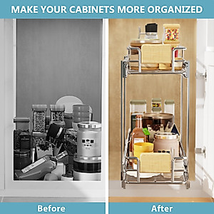 LOVMOR 2 Tier Pull Out Cabinet Organizer 7½" W x 21½" D, Slide Out Drawers with Wooden Handle, Sliding Shelves Organization and Storage for Kitchen, Pantry
