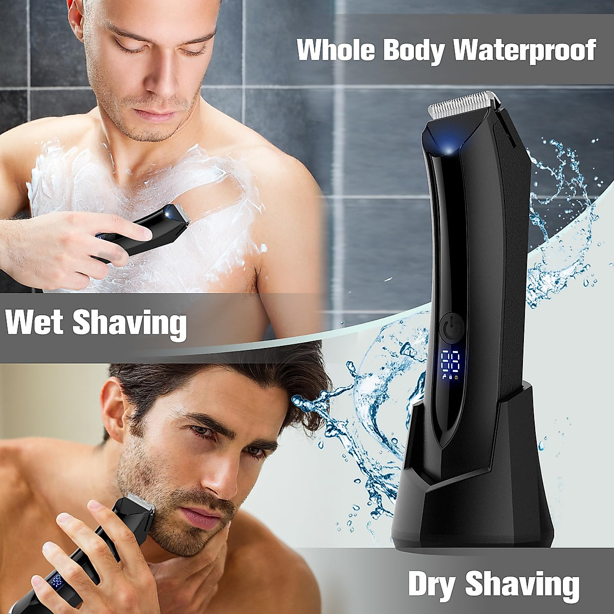 2023 Electric Groin Hair Trimmer, Ball Trimmer for Men Nose Hair Trimmer, Replaceable Ceramic Blade Heads, USB Recharge Dock & Nose Hair Trimmer, Waterproof Wet & Dry Shaving Male Hygiene Razor