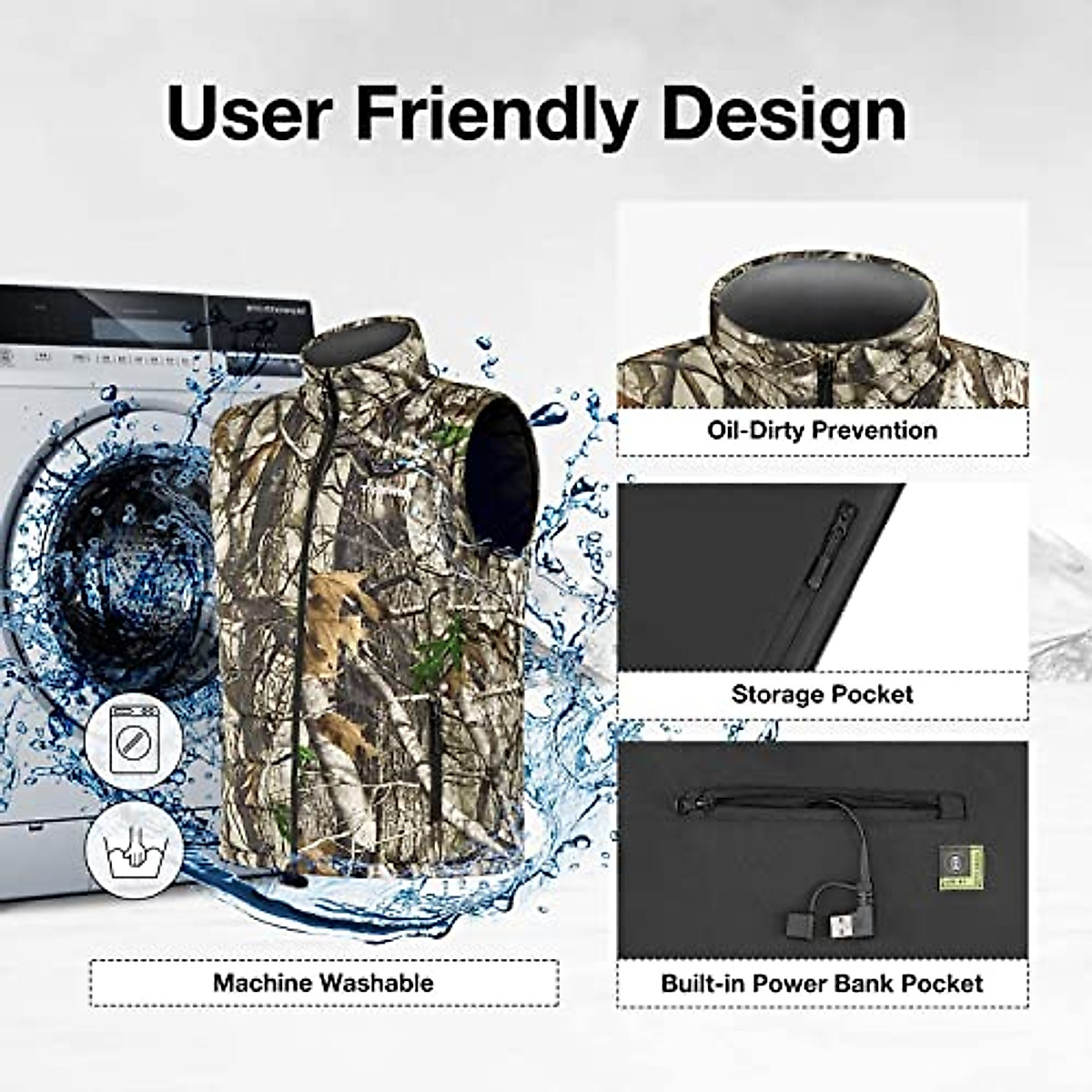 TIDEWE Men's Heated Vest with Retractable Heated Hood and Battery Pack, Lightweight Vest for Hunting/Hiking (Next Camo G2, Size S)