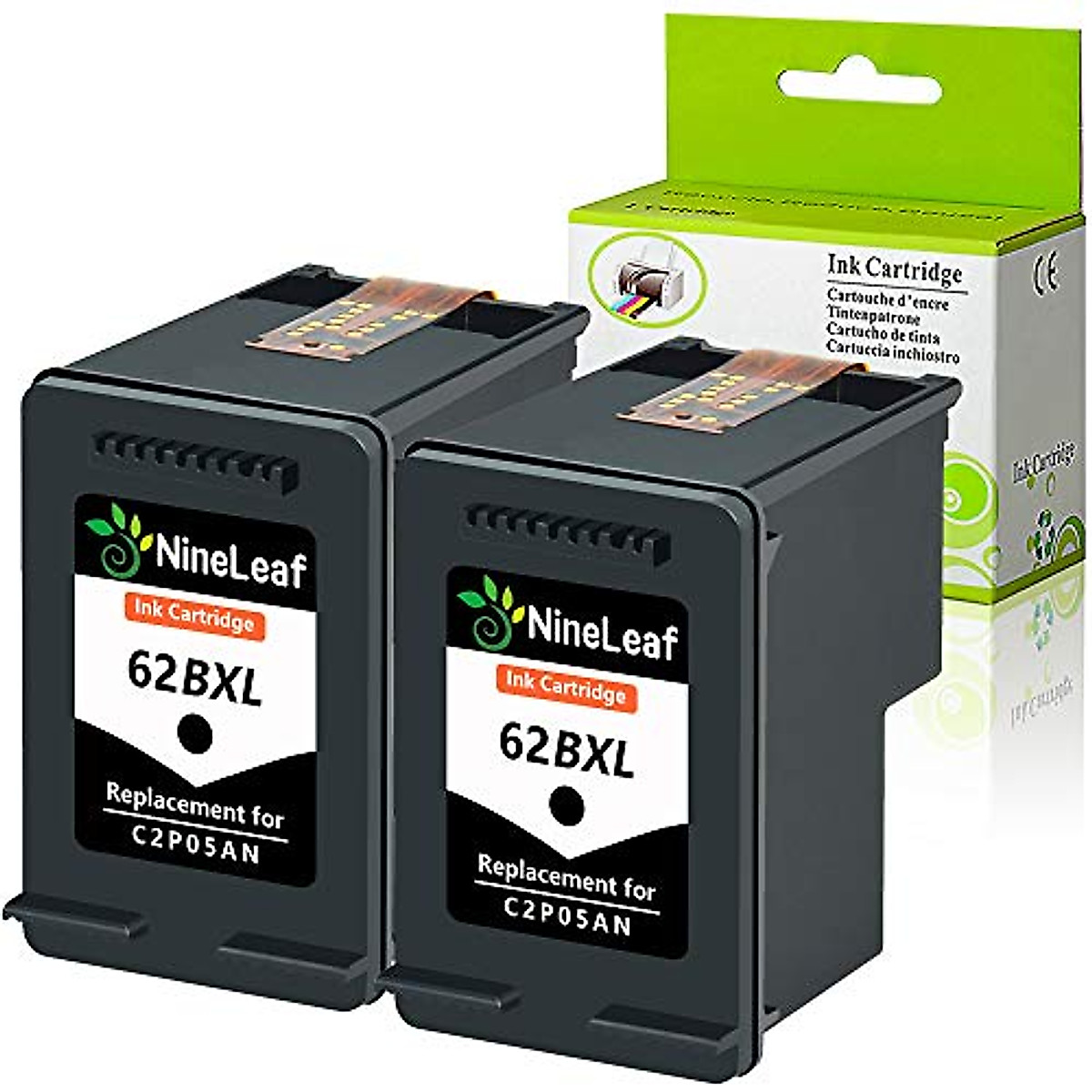 NineLeaf Remanufactured 62XL High Yield Ink Cartridge C2P05AN Compatible for HP Envy 5640 5642 5643 5644 5646 5660 7640 7645 OfficeJet 5740 5741 5742 5743 5745 8040 200 250 Printer （2 Pack, Black