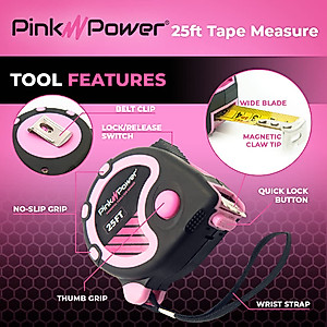 Pink Power 25ft Pink Tape Measure - Measuring Tape for Women's Tool Kit with Retractable Blade and Lock Button - Girls Measuring Kit - Lightweight Measurement Tool