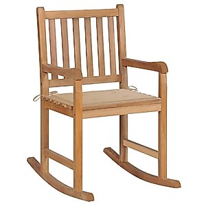 loibinfen Patio Rocking Chair with Beige Cushion Solid Teak Wood, Solid Wooden Frame Outdoor & Indoor Rocker for Garden, Patio, Balcony, Backyard Porch Rocker -AA
