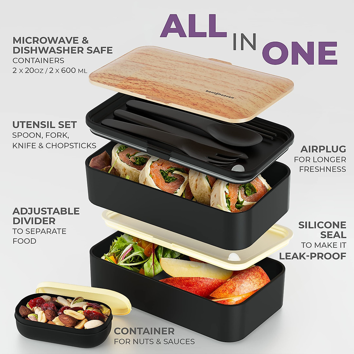Premium Bento Lunch Box with Insulated Lunch Bag - Box Includes Sauce Cup, Divider, Cutlery & Chopsticks - Bag Made of Durable Materials, Variable Strap/Handler, Wide Opening - Zero Waste & Food-Safe