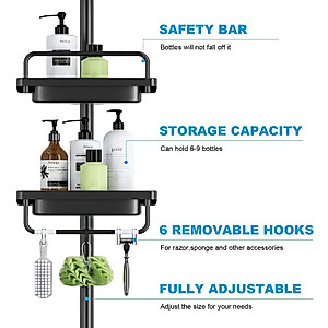 FRDECON Rustproof Shower Caddy Corner for Bathroom, 4-Tier Tension Pole Stainless Steel Shower Organizer, 56 to 117 Inch Adjustable Bathtub Shower Shelf Storage with 1 Tower Bar, Black