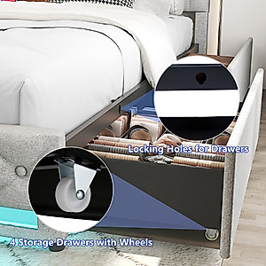 HOMFAMILIA Full Bed Frame with Headboard and Drawers, LED Bed Frame with Adjustable Storage & LED Lights Headboard, Upholstered Platform Bed with 2 USB Ports, No Box Spring Needed, Light Grey