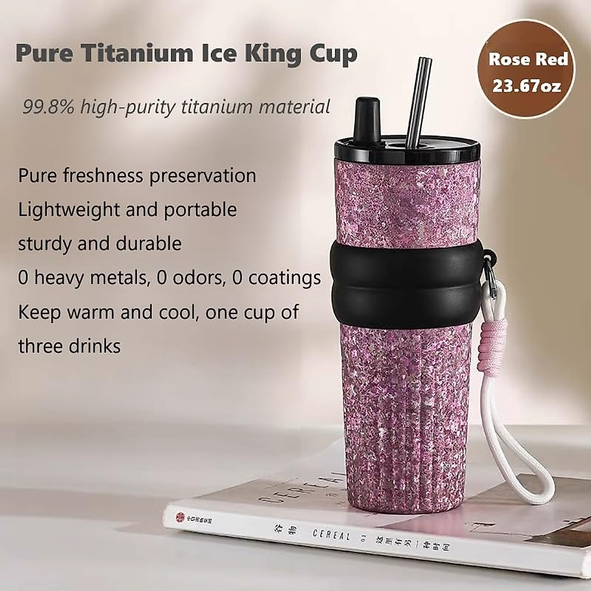 JOEY'S CHOICE 23.67oz/700ml Large Capacity Pure Titanium Double Wall Insulated Tumbler Portable Straw Ice Blaster Car Cup for Milk, Coffee, Water and Juice (Rose Red)