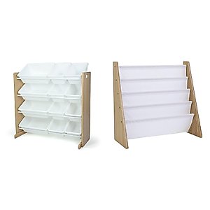 Humble Crew, Natural Wood/White Kids Toy Organizer with 12 Storage Bins & 4 tier, Natural/White Kids Book Rack Storage Bookshelf with Deep Sleeves, Universal