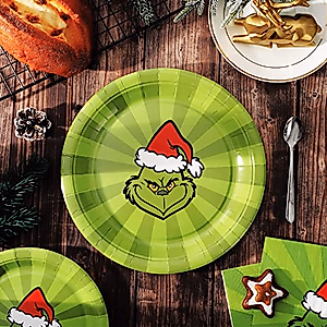 Whaline 100Pcs Christmas Tableware Set Green Christmas Character Disposable Dinnerware Set 50Pcs Paper Plates 25Pcs Napkin 25Pcs Cups for Xmas Theme Party Supplies Table Decorations