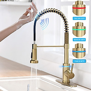 VIDEC Smart Kitchen Faucet, 3 Modes Pull Down Sprayer, Smart Touch On Sensor Activated, LED Temperature Control, 360-Degree Rotation, 1 or 3 Hole Deck Plate. (KW-66J, Brushed Gold, 17.90 Inches)