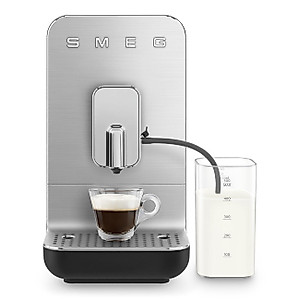 SMEG NEW Fully Automatic Espresso Machine w/Integrated Milk Frothing and Coffee Grinder 10 Preset Beverages 19 Bars of Pressure Space Saving Energy Efficient Thermoblock Heating BCC13BLMUS Matte Black