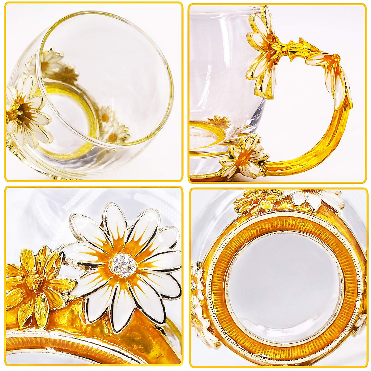 Glass Tea Mug, Mother's Day Gifts, Handmade Enamel Daisy Flower Coffee Cup Set with Handle, Unique Valentine's Day Birthday Gift Idea for Women, Christmas New Year Party Supplies - 12oz Gold