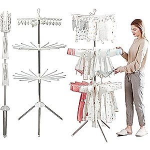 JERRY&RAIN Clothes Drying Rack Laundry Foldable - Floding Clothing Dryer Removable 24 Clips 32 Hangers / 66" High White