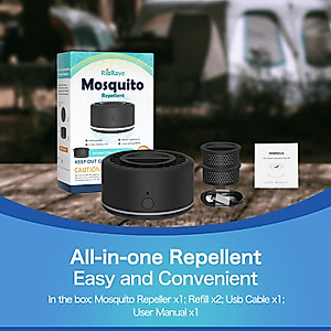 RibRave Electronic Mosquito Repeller Insect Repellent Indoor and Outdoor, 30 ft Mosquito-Free Zone, Rechargeable Mosquito Repellent Device, 2 Refills (Black)