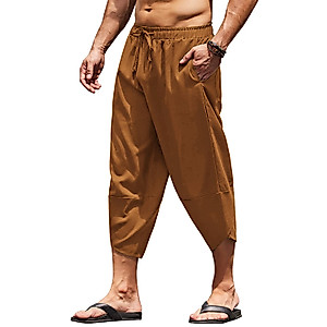 COOFANDY Men's Baggy Capri Trousers Casual Drawstring Vacation Hippie Summer Beach Linen Pants Lightweight Loose Yoga Pants Brown