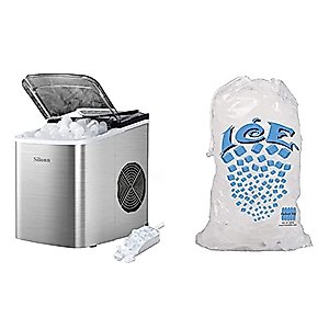 Silonn Ice Makers Countertop 9 Bullet Ice Cubes Ready in 6 Minutes & Perfectware - PW Icebags-DS-100ct 10lb Ice Bags with Drawstring-100ct