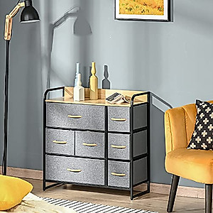 HOMCOM 7-Drawer Dresser, Fabric Chest of Drawers, 3-Tier Storage Organizer for Bedroom Entryway, Tower Unit with Steel Frame Wooden Top, Light Grey