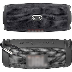 Silicone Case Cover for JBL Charge 5 Waterproof Portable Bluetooth Speaker, Travel Carrying Protective Gel Soft Skin, Waterproof Rubber Pouch with Shoulder Strap and Carabiner - Black