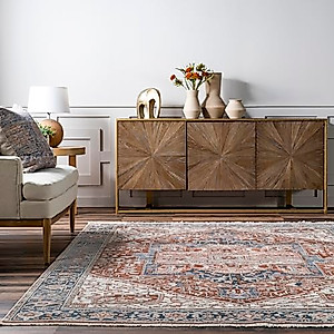 nuLOOM Harriet Vintage Medallion Fringe Area Rug - 5 Round Area Rug Traditional Blue/Multicolor Rugs for Living Room Bedroom Dining Room Kitchen