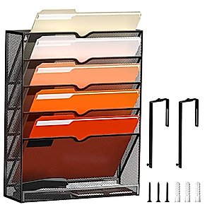 SUPEASY 6-Tier Wall File Organizer with Hooks, Hanging Wall File Holder for Papers, Folders, Files Clipboard & Magazine Organization Great for Office Home, Black
