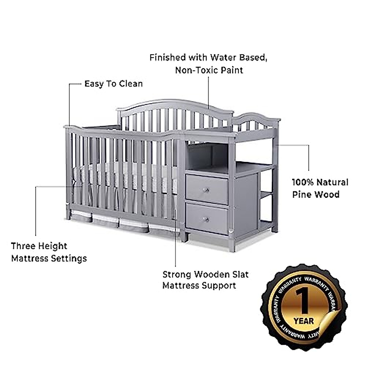 Sorelle Furniture Berkley Crib and Changer with Slat Panel Back Classic -in- Convertible Diaper Changing Table Non-Toxic Finish Wooden Baby Bed Toddler Childs Daybed Full-Size Nursery - Gray