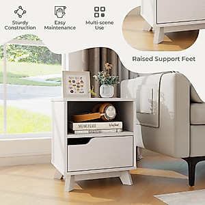 Giantex 2 Tier Nightstand, Mid Century Modern Bedside Table with Storage Drawer & Open Shelf, Wood Night Stand for Small Spaces, Minimalist Side End Table for Bedroom, Distressed White