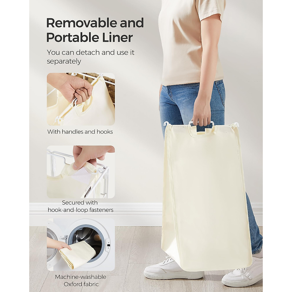 SONGMICS Laundry Hamper, 110L Laundry Basket with Lid, Clothes Hamper with Wheels, Collapsible Removable Liner Bag, Iron-Made Laundry Sorter, Natural Beige and Cream White ULCB211N01