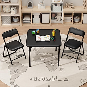 GAOMON Boys and Girls Folding Table and Chairs Set of 3, Portable Table and Chair with PU Soft Cushion,Suitable for Eating,Reading and Playing-Black