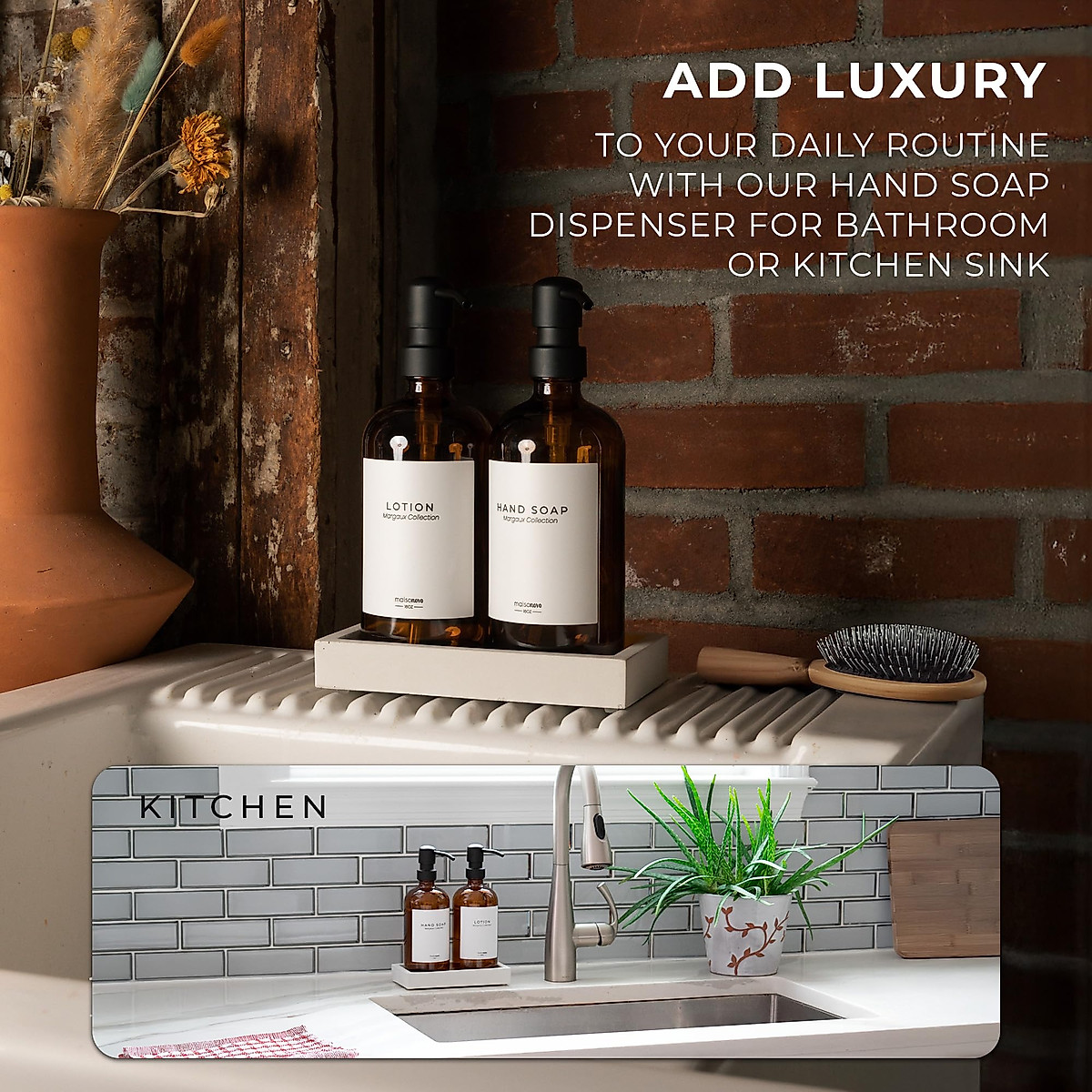 MaisoNovo Soap Dispenser 3-Piece Set | 16.9oz Amber Bottles with Black Stainless Steel Pumps