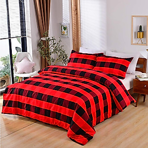 Zhiyuan Red and Black Buffalo Plaid Microfiber Duvet Cover Set with 2 Pillow Shams, Queen