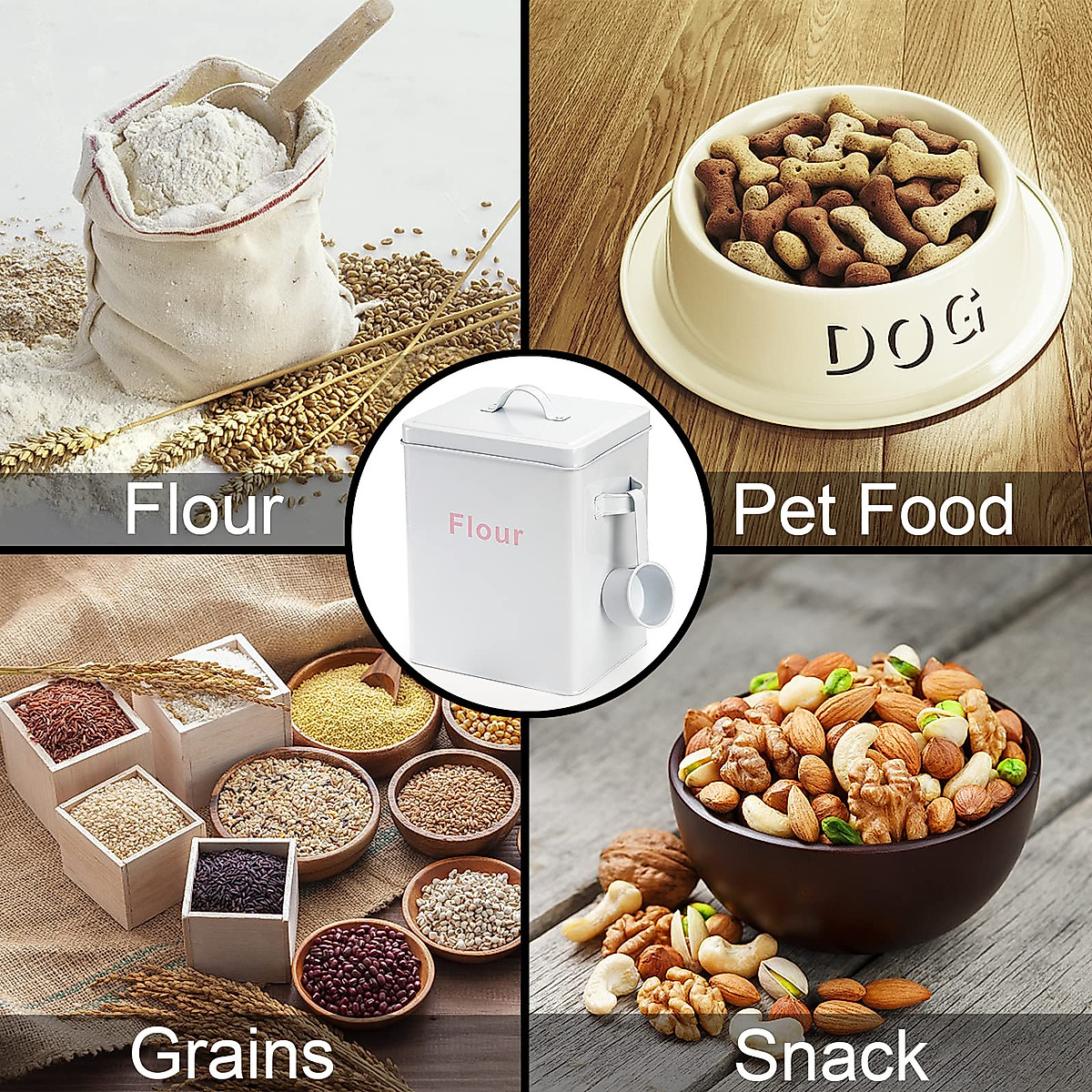 Youeon 1.5 Gallon Metal Flour Storage Container with Airtight Lid and Measuring Scoop, Square Flour Canister with Handle, White Flour Canister for Kitchen Counter, Farmhouse Decor