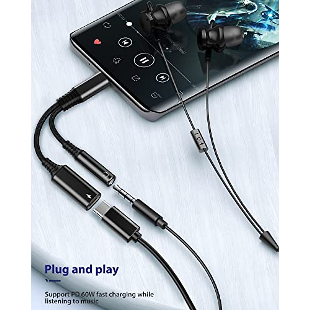 Adapter USB C to 3.5mm Headphone and Charger, 2 in 1 Type C to 3.5mm Audio Aux Adapter - PD 60W Fast Charging - Compatible with Samsung Galaxy S23 / S22 / S21 / A53 / A33,Pixel 7/7 Pro / 6