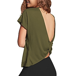 Mippo Workout Shirts Gym Tops Open Back Backless Top Athletic Gym Clothes Short Sleeve Work Out Tops for Women Army Green S