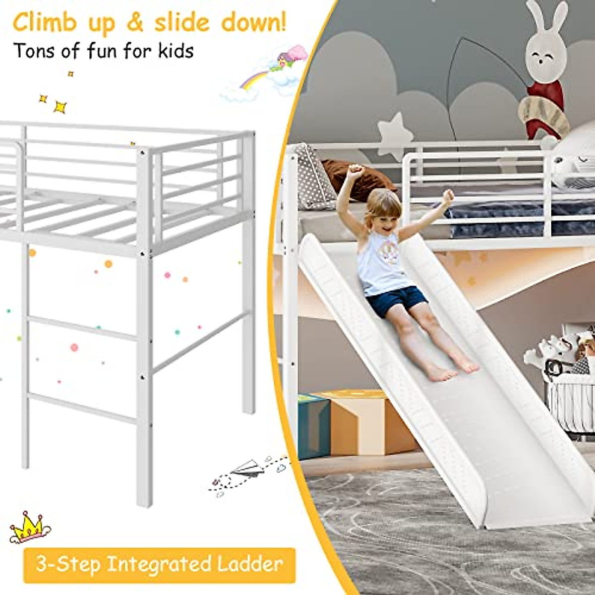 Giantex Twin Loft Bed with Slide, Metal Low Bunk Bed w/Safety Guardrails & Built-in Ladder, Toddler Bed Floor Frame for Boys & Girls, No Box Spring Needed (White)
