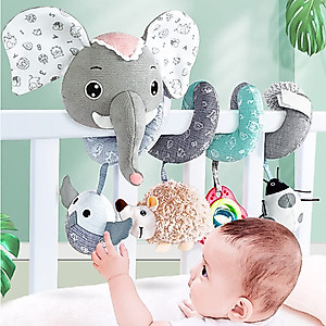 Baby Car Seat Toys, Hanging Stroller Toys for Baby 0-6 Months Infants Activity Spiral Toys with Musical Owl Rattles Hedgehog Beep Ladybug Squeaker - Gray Elephant Toys for Newborn Baby 0 3 6 12 Months