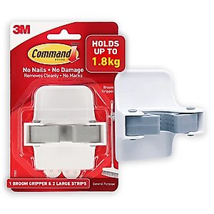 Command Broom and Mop Grippers Wall Hook, Damage Free Hanging Wall Mount Broom and Mop Holder, No Tools Household Cleaning Organizer for Living Spaces, 1 Hanger and 2 Command Strips
