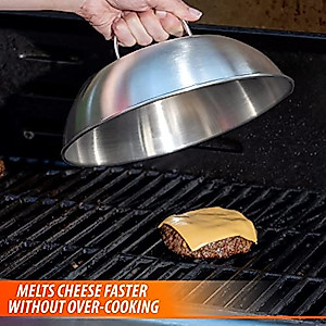 9 Inch Grill Dome Cover, BBQ Grill Accessory Melts Cheese, Cooks Burgers Faster and Prevents Splatter, for Indoor or Outdoor Use, Stainless Steel with Wire Handle